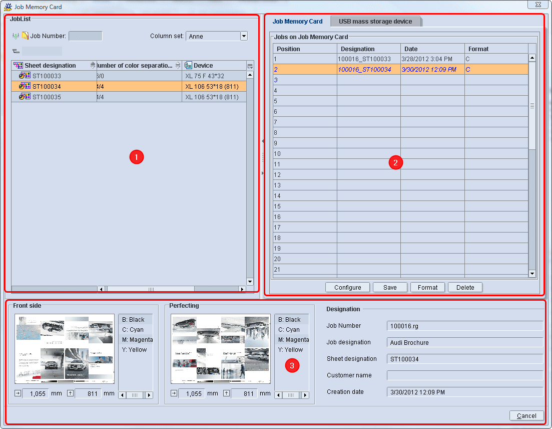 Breve descrizione della finestra di dialogo «Job Memory Card»