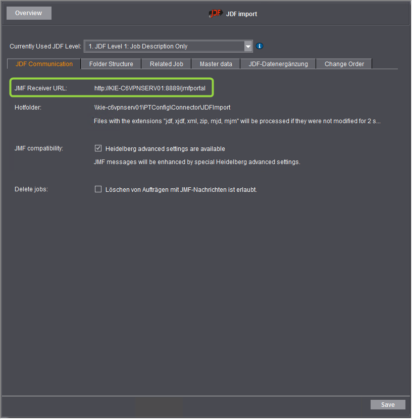 Configurar comunicação JDF no Prinect Manager