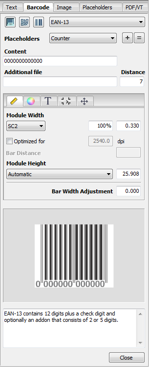 "Barcode" tab